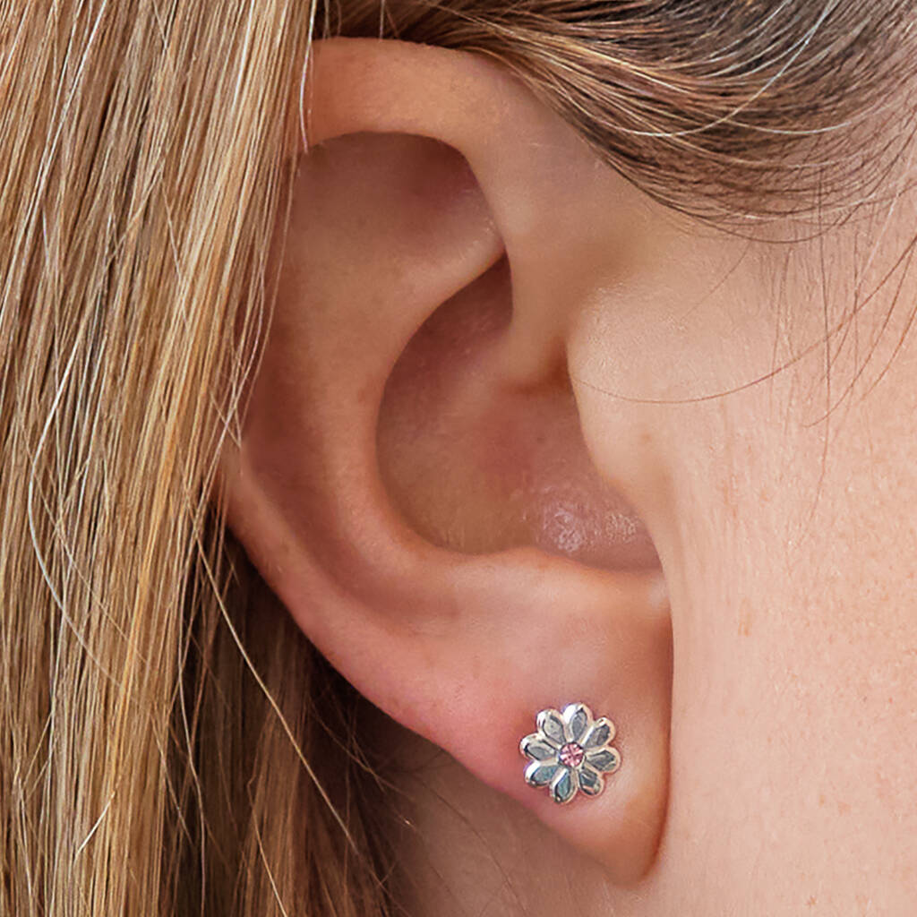 Sterling Silver And Pink Crystal Daisy Flower Earrings Ellie Ellie