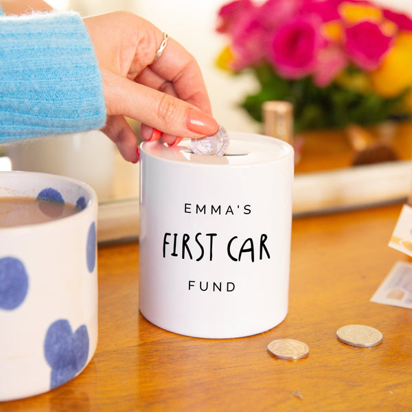 First Car Personalised Name Money Box Savings Fund - Ellie Ellie